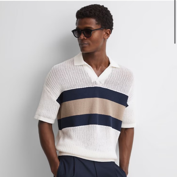 Reiss | Shirts | Reiss Che Crochet Open Collar Polo Shirt In Ecru L ...